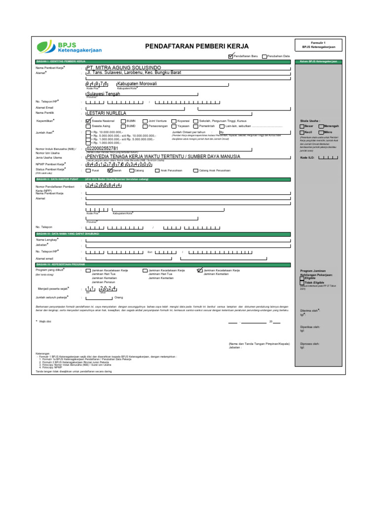 Formulir 1 BPJS Ketenagakerjaan | PDF