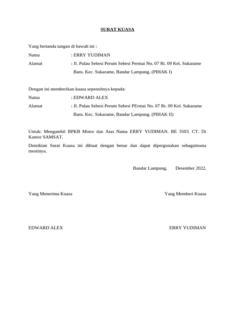 Surat Kuasa Alex | PDF