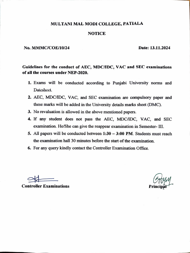 Datesheet Nep 2020 Mdc Sec Vac Aec Pdf Science
