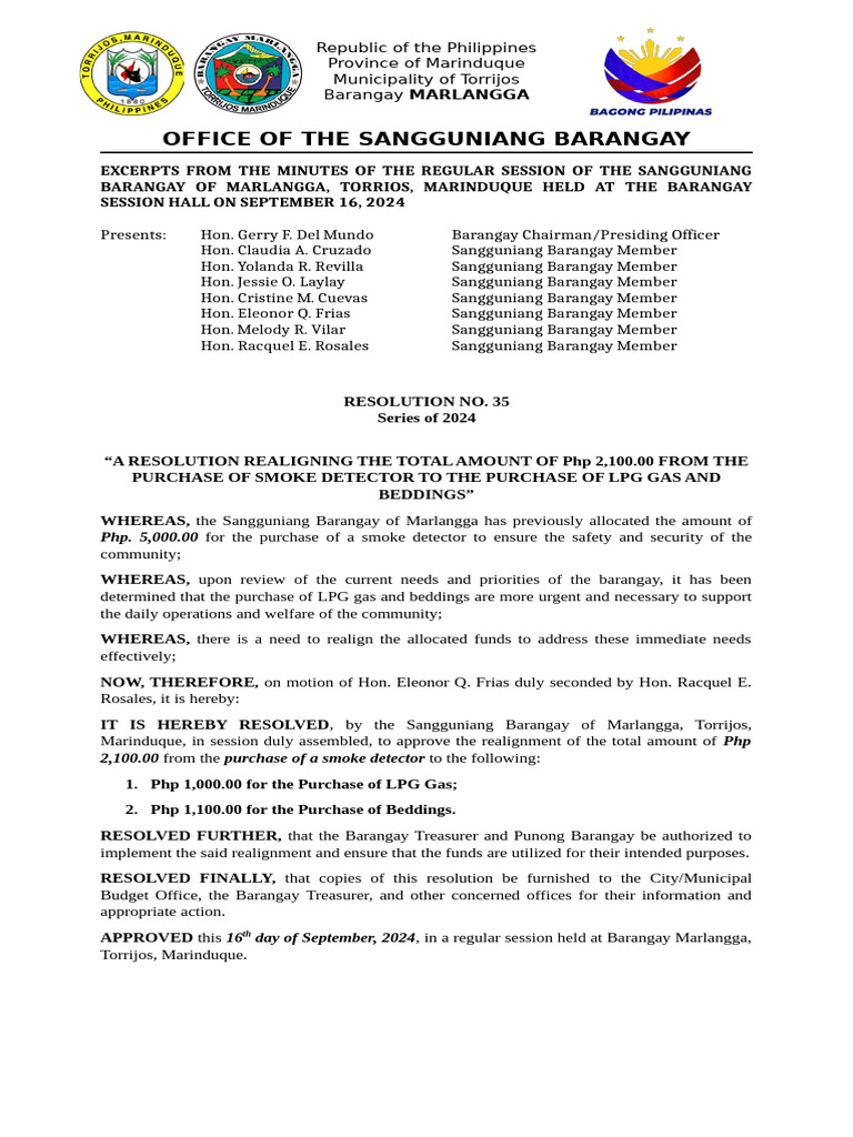 RESOLUTION 2024-35 (REALIGNMENT OF SMOKE DETECTOR) | PDF