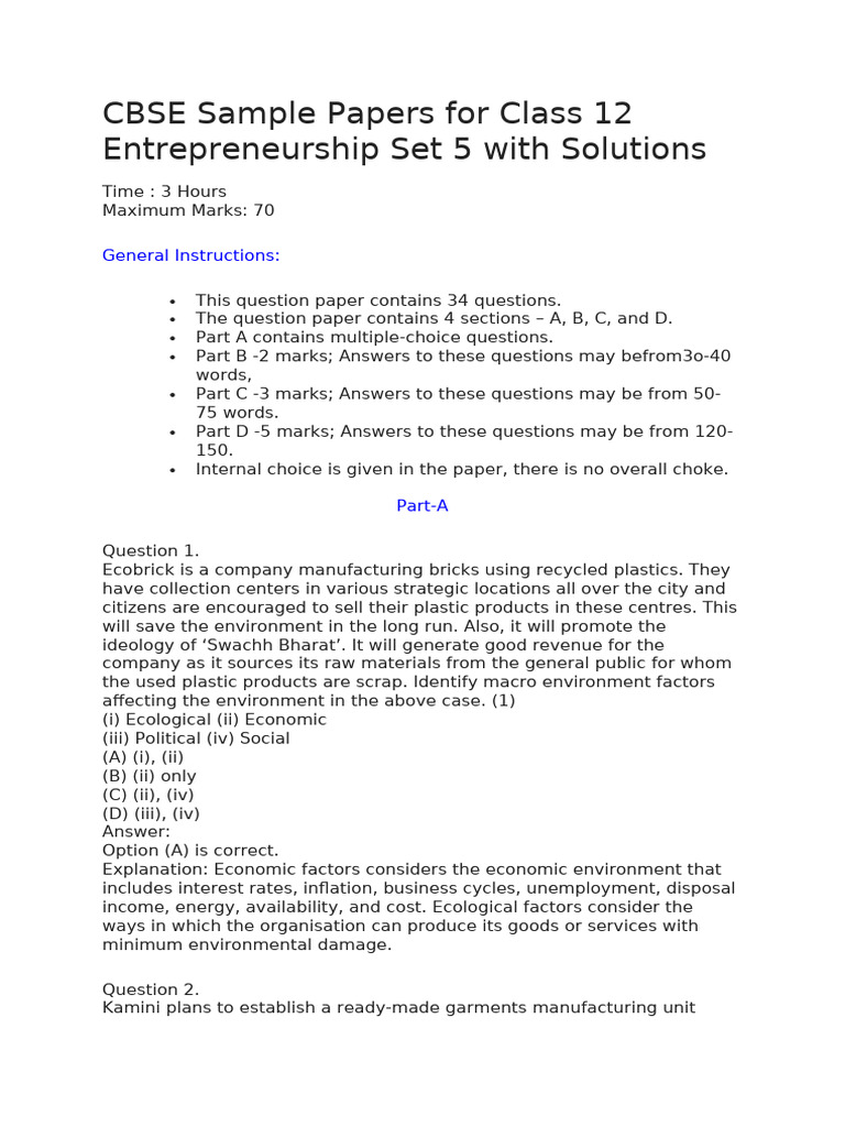 Class 12 Entrepreneurship Sample Paper | PDF | Mergers And Acquisitions ...