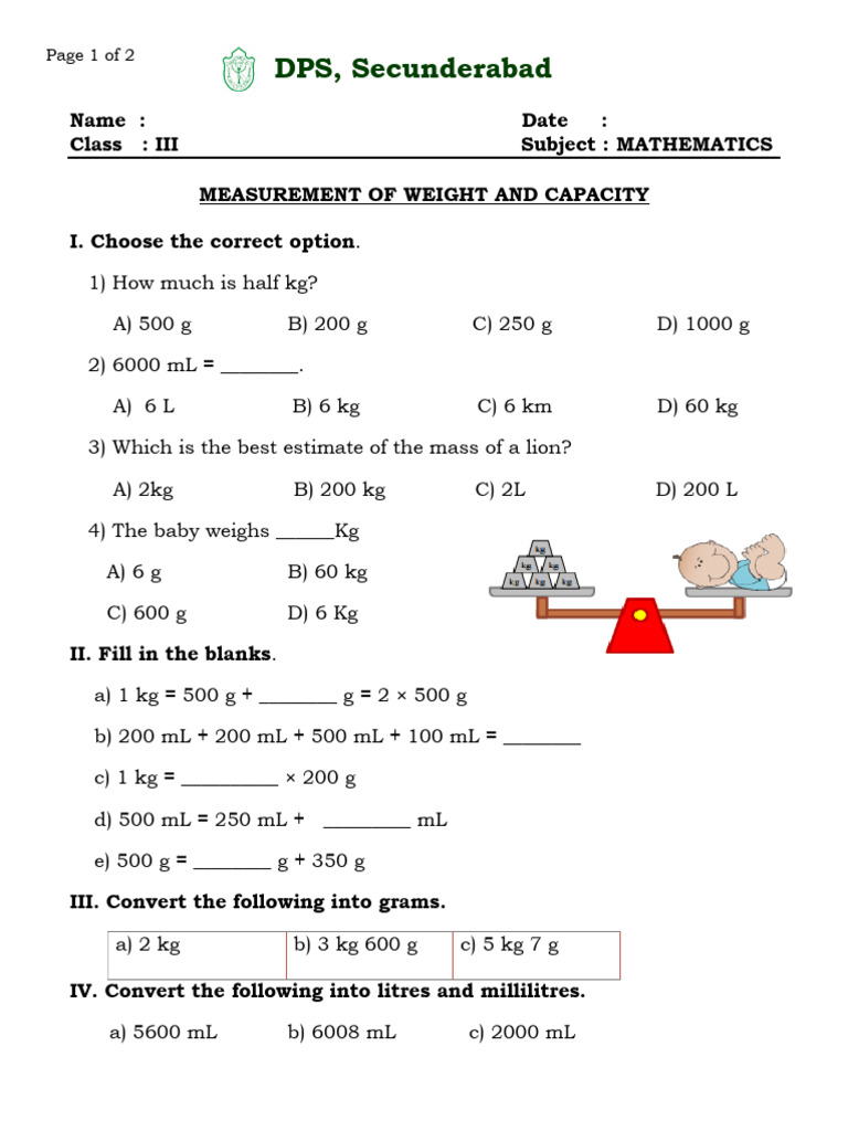Class III - Measurement of Mass and Capacity | PDF | Litre | Cakes