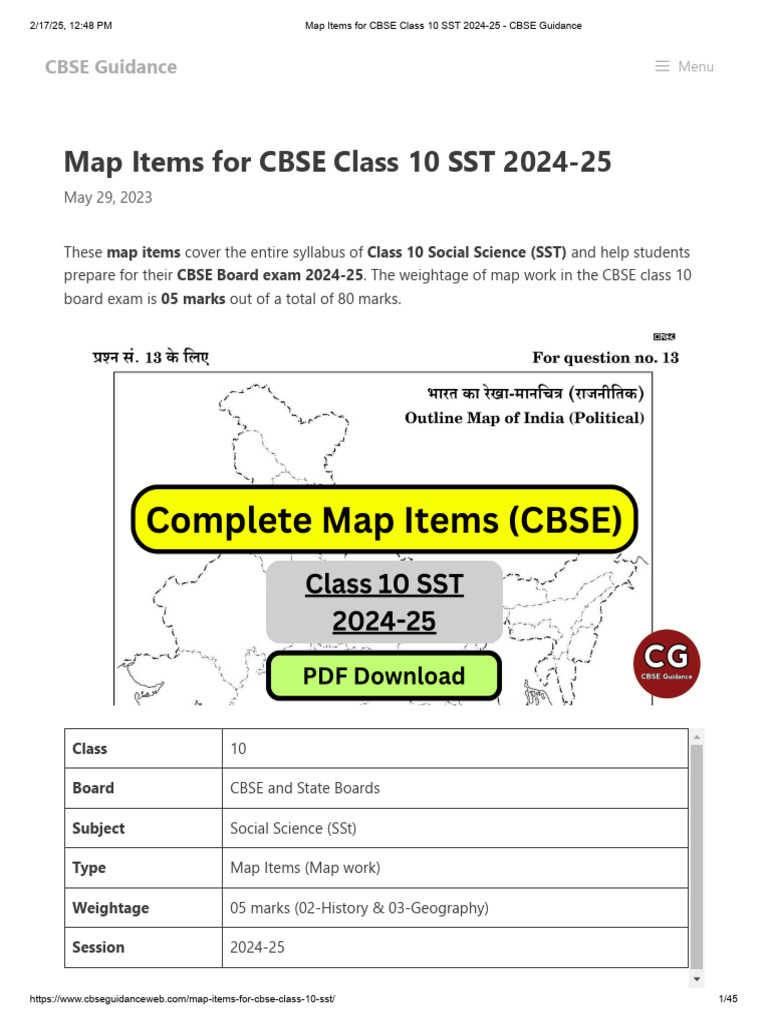 Map Items for CBSE Class 10 SST 2024-25 - CBSE Guidance | PDF | Gujarat