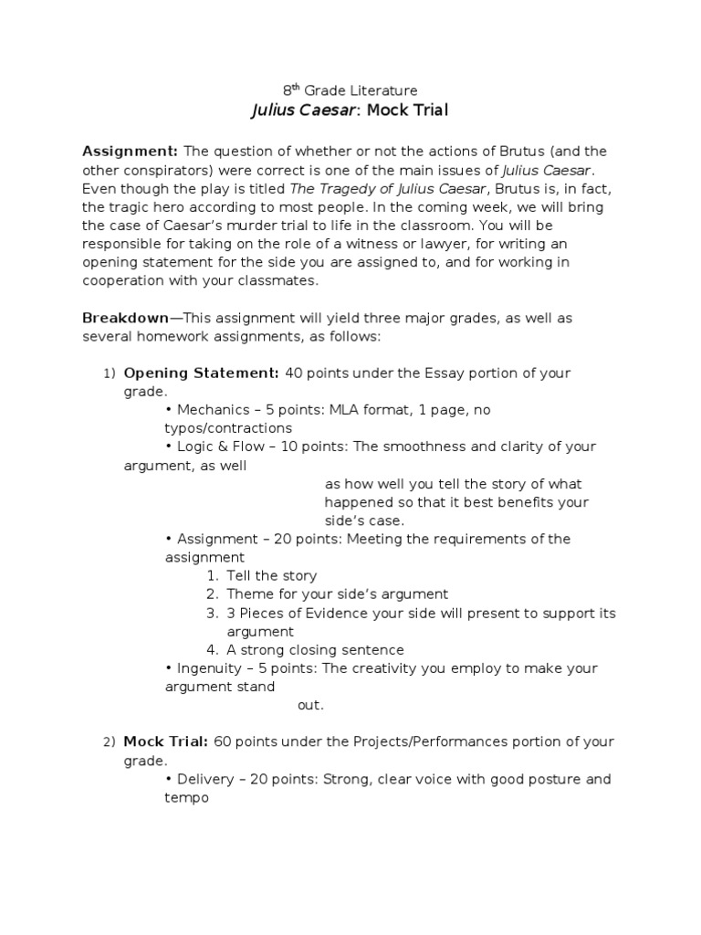 Julius Caesar Mock Trial Assignment | PDF | Marcus Junius Brutus The ...