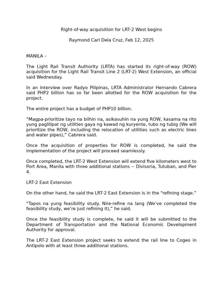 Right of Way LRT 2 West Extension | PDF