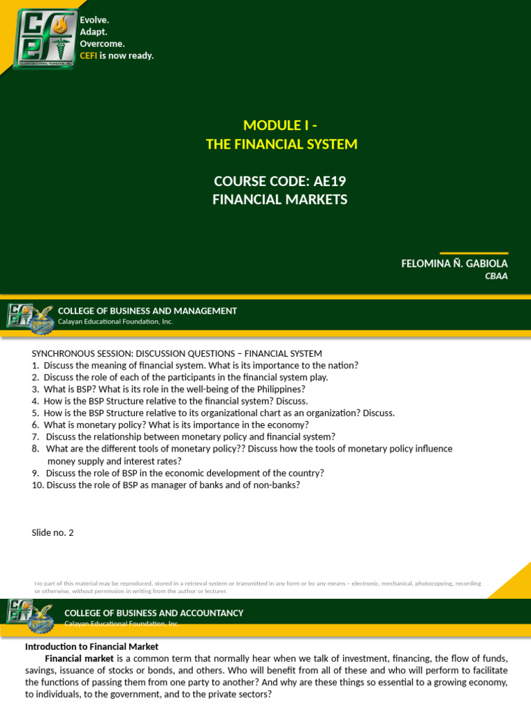 MODULE 1 AE19-Fin'l System-1 | PDF | Monetary Policy | Money