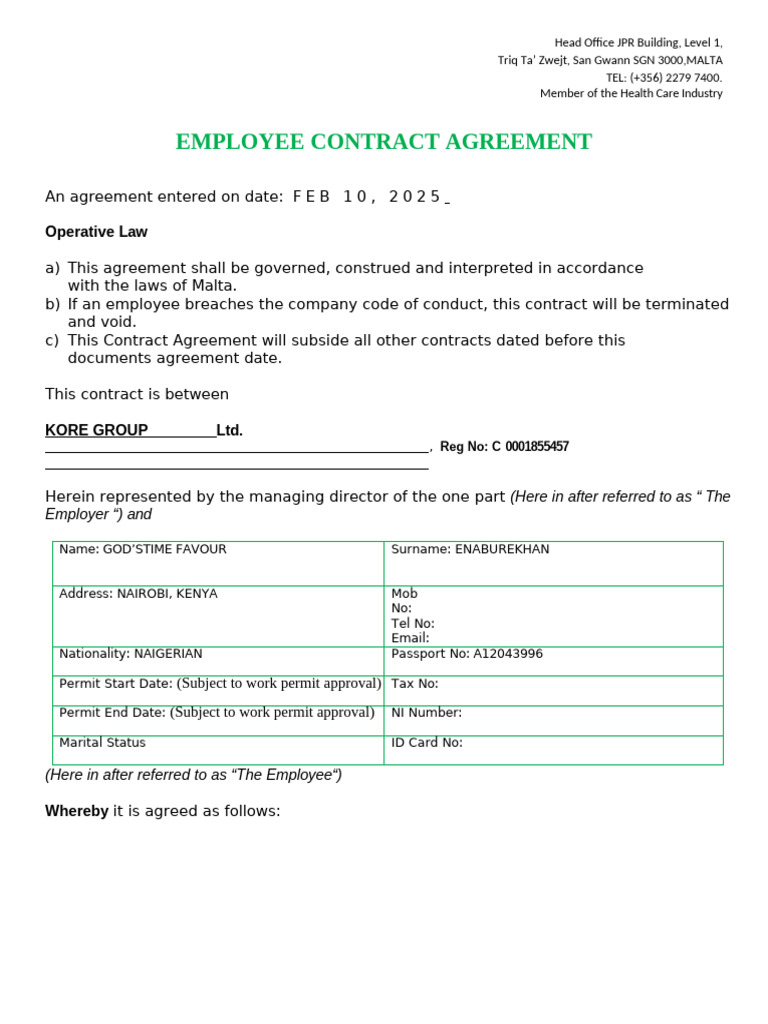 HR Employee Contract Agreement | PDF | Employment | Sick Leave
