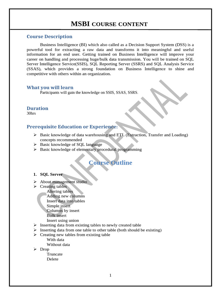 Msbi Class Pdf Information Technology Information Technology