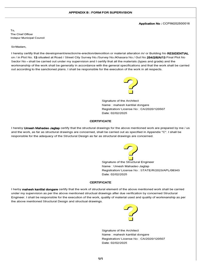 Supervision Certification Form for Construction | PDF
