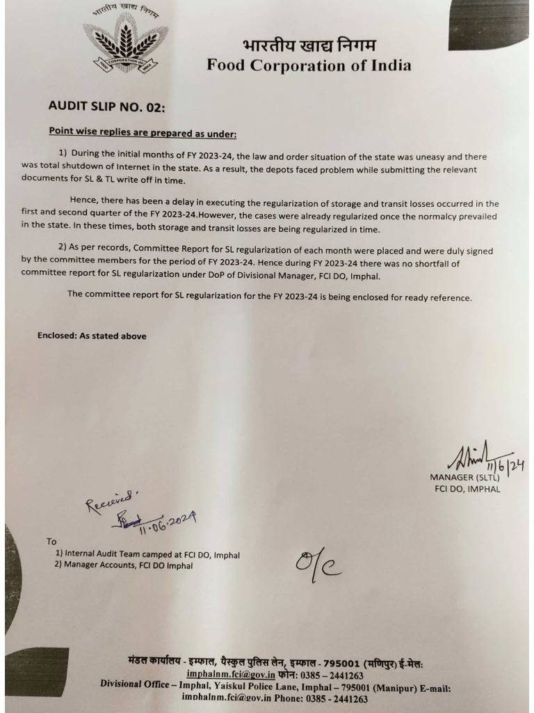 Audit Slip 2 Reply Internal Audit June 2024 | PDF