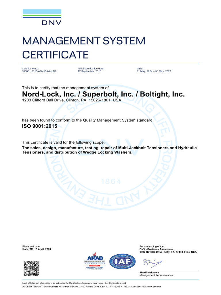 Nord Lock - Superbolt - Boltight Iso 9001 2015 - Clinton Only Full Cert Exp2027 1.2 | PDF