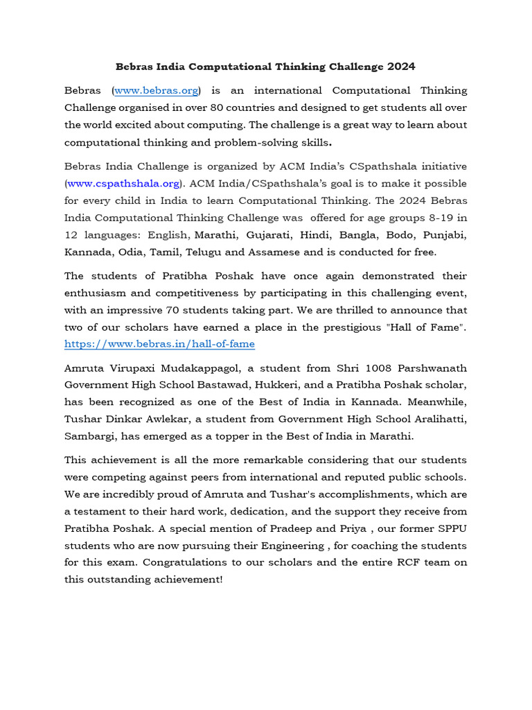 Bebras India Computational Thinking Challenge 2024 | PDF
