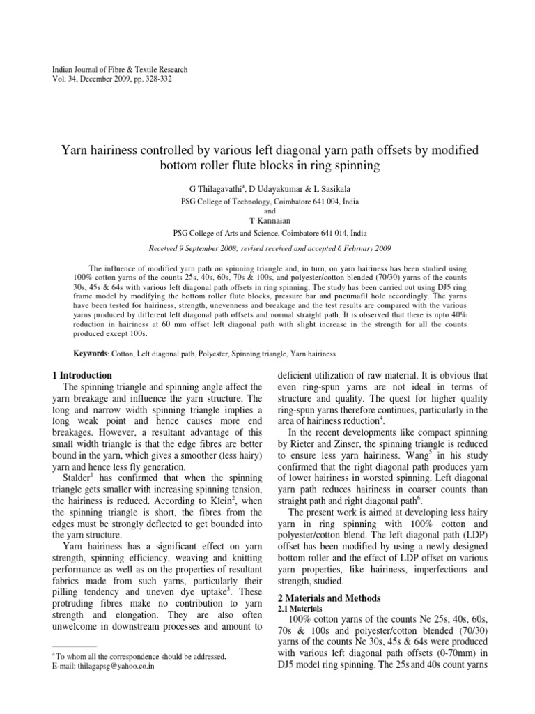 Yarn Hairiness Controlled by Various Left Diagonal Yarn Path Offsets by ...