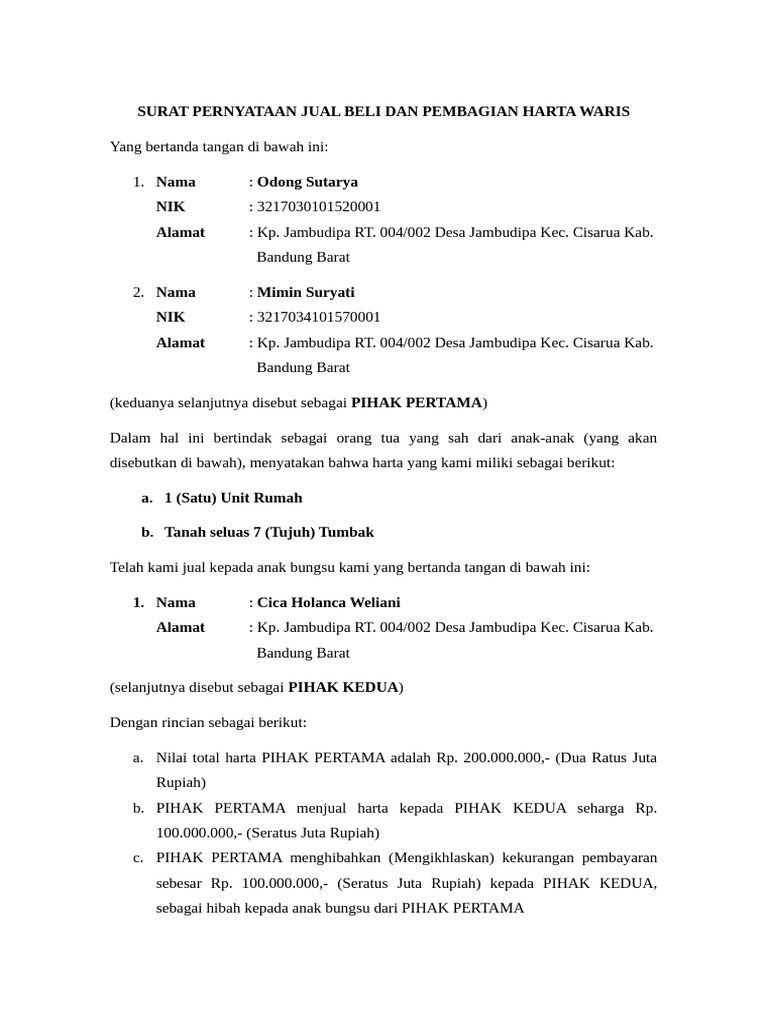 Surat Pernyataan Jual Beli Dan Pembagian Harta Waris | PDF