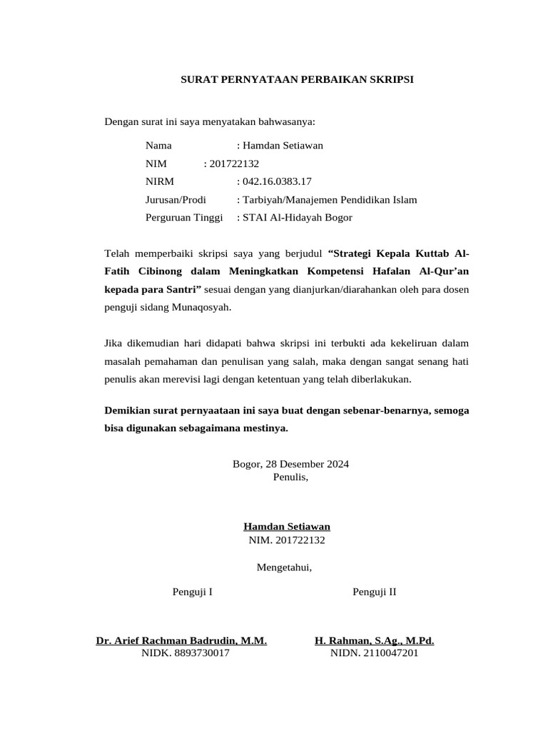 Lembar Pernyataan Perbaikan Skripsi Hamdan | PDF