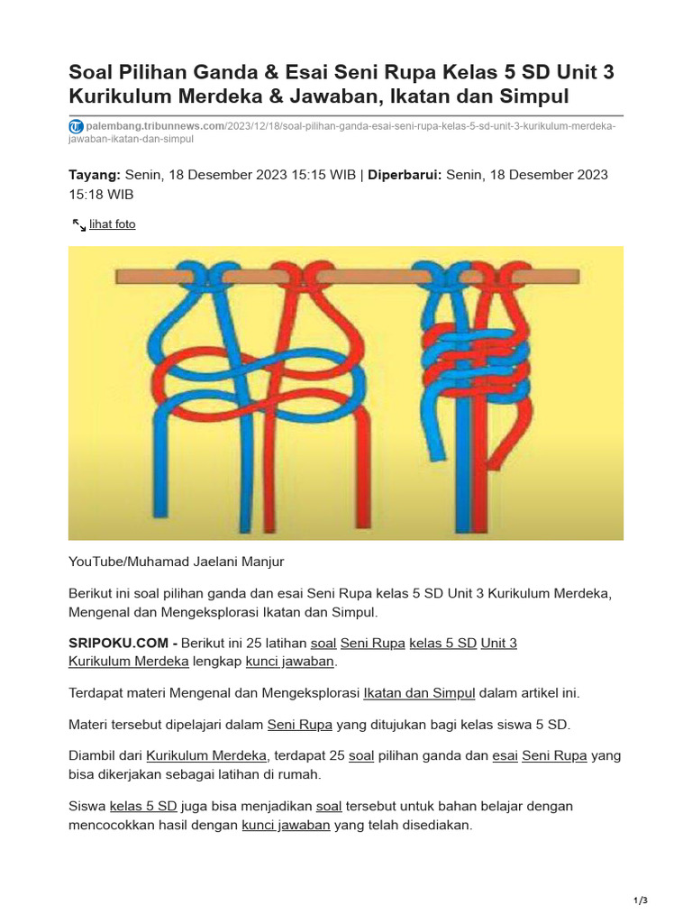 Soal Pilihan Ganda Esai Seni Rupa Kelas 5 SD Unit 3 Kurikulum Merdeka Jawaban Ikatan Dan Simpul ...