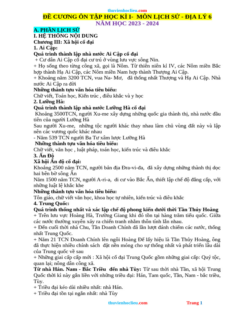 De Cuong On Tap HK1 Lich Su Dia Li 6 Nam 23 24 | PDF
