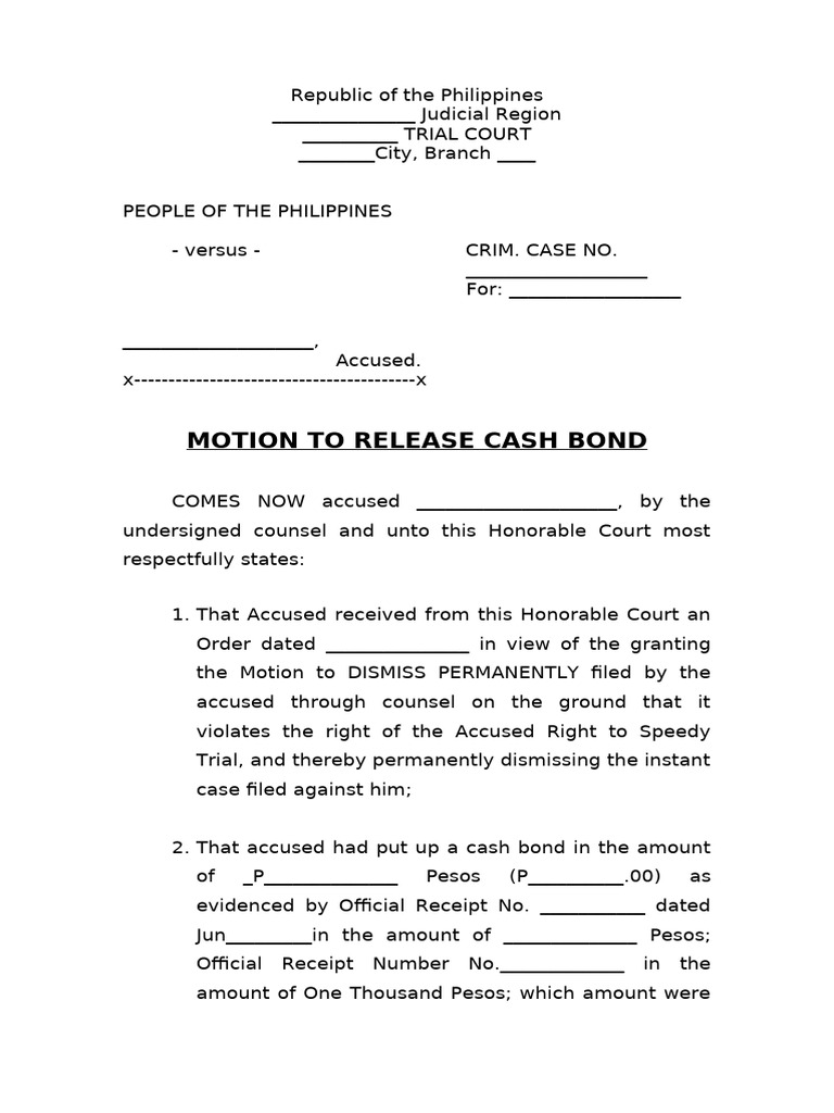 Motion To Release Cash Bond | PDF | Common Law | Government