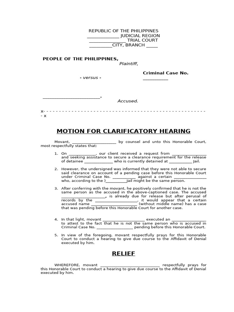 Motion for Clarificatory Hearing | PDF | Criminal Law | Law Of The ...