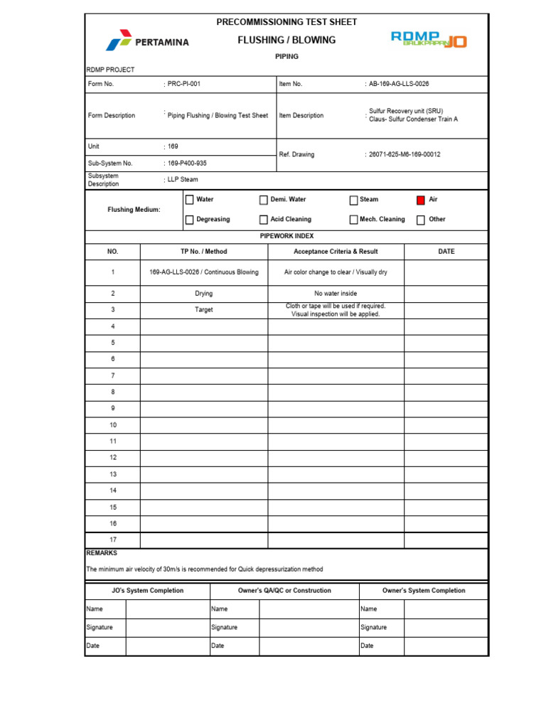 Piping Flushing and Blowing Test Sheet | PDF | Mechanical Engineering ...