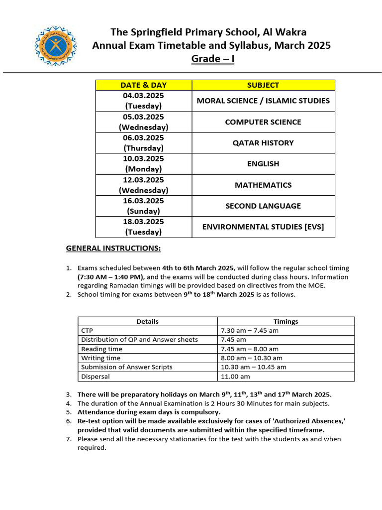 Grade - 1 Annual Timetable and Syllabus (AY 2024 - 2025) | PDF ...