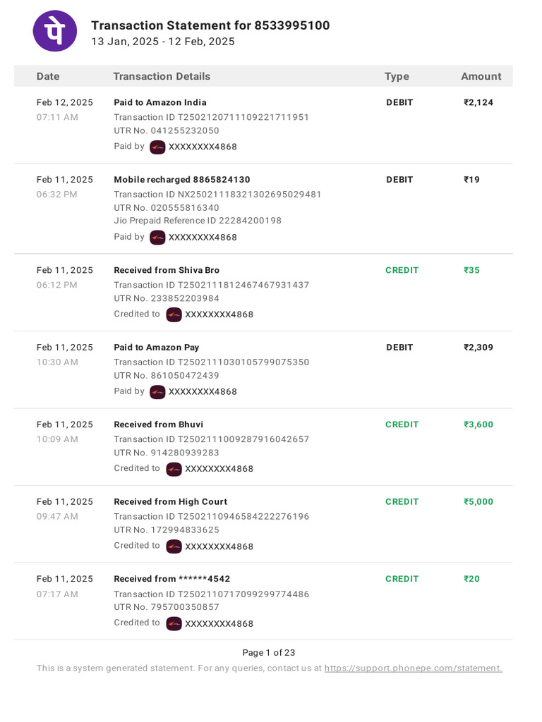 PhonePe Statement Jan2025 Feb2025 | PDF | Debit Card | Debits And Credits