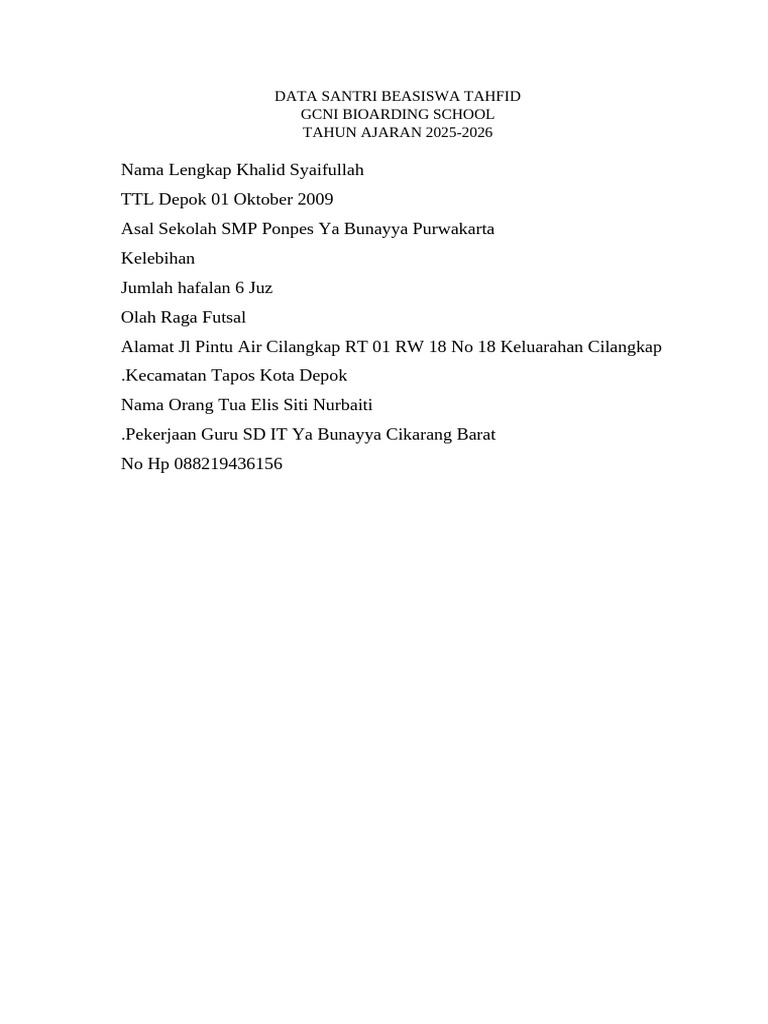 Data Santri Beasiswa Tahfid | PDF