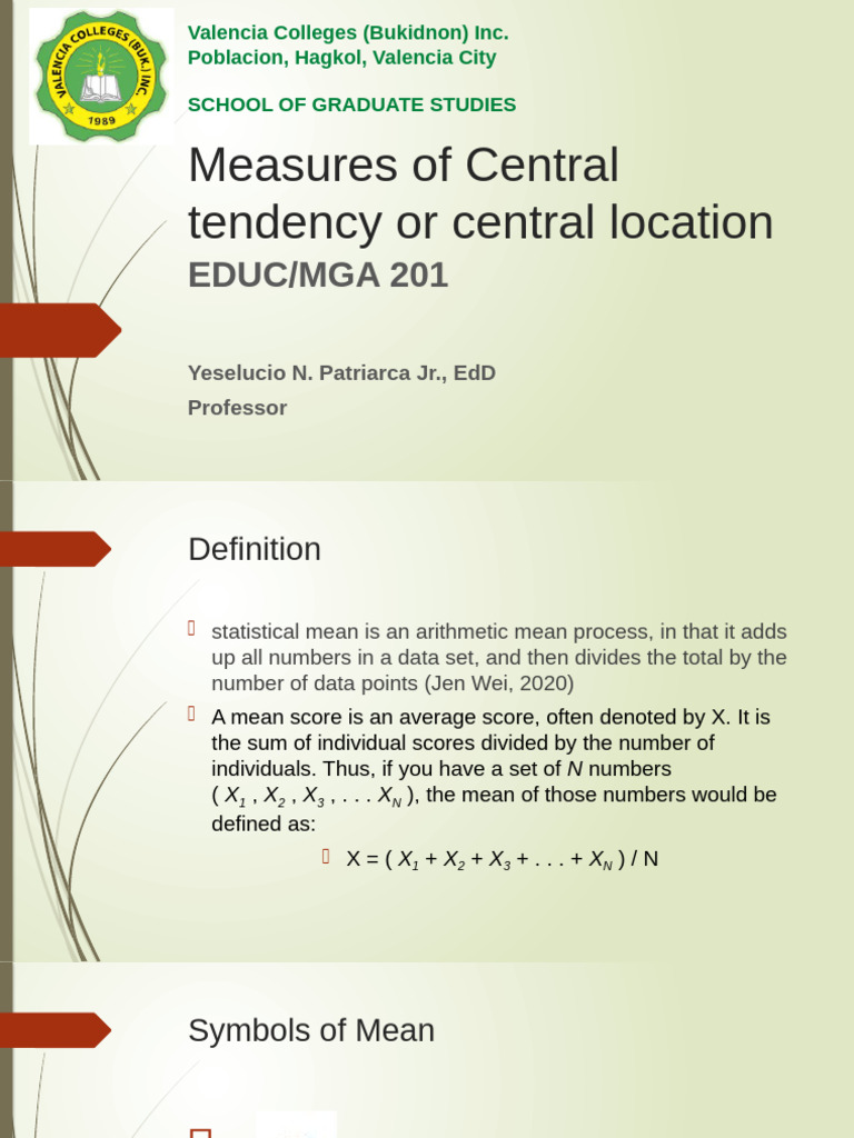 Measures of Central Location | PDF | Mean | Arithmetic Mean