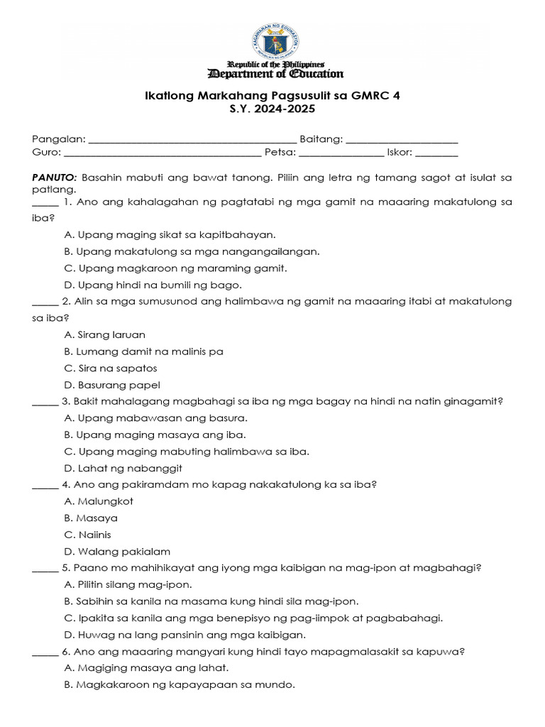 Ikatlong Markahang Pagsusulit Sa GMRC 4 | PDF