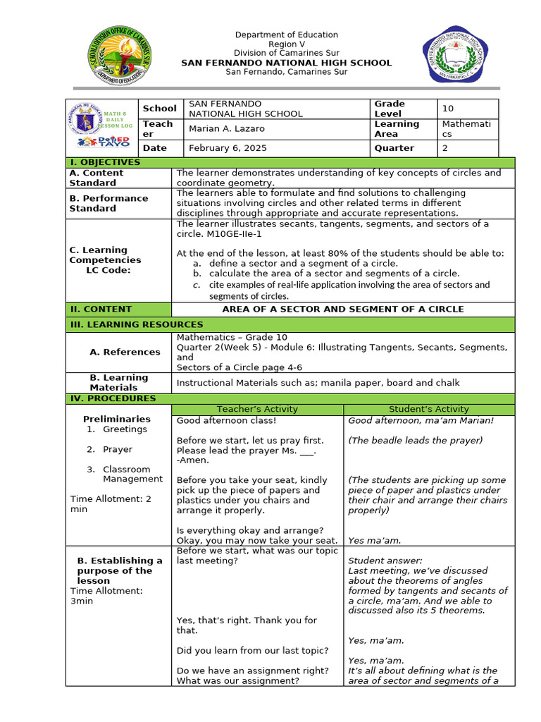 Q2-Module 6 (Area of A Sector and Segment of A Circle - DLP) | PDF ...