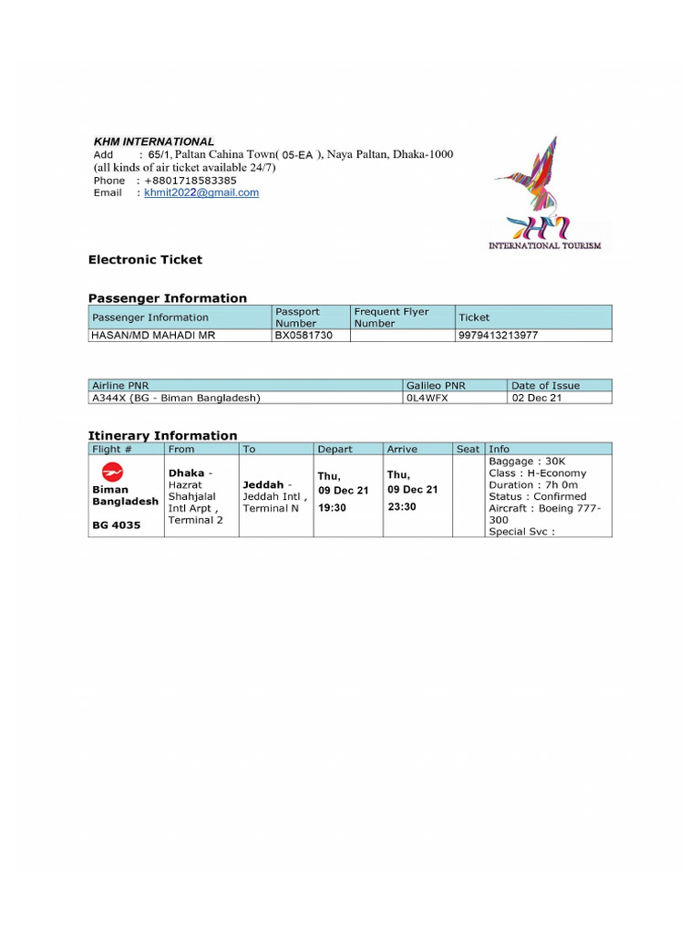 MD Mahadi Hasan Ticket | PDF