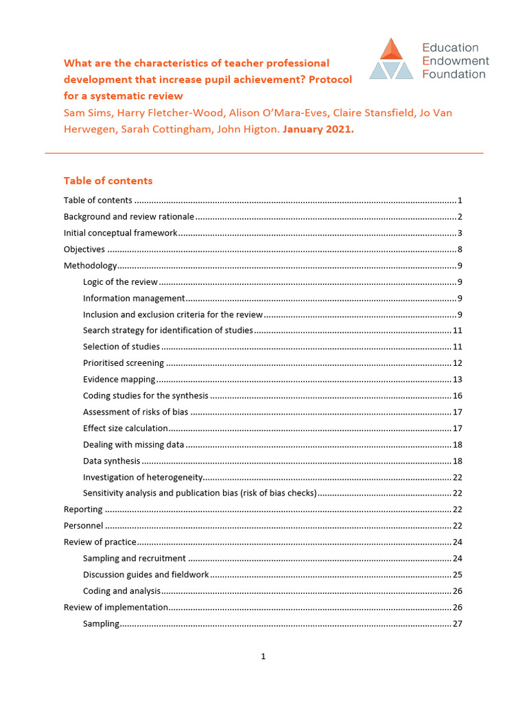 EEF. Systematic Review of Professional Development. DR Sam Sims ...