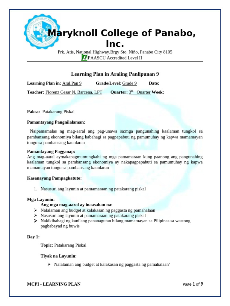 LP. 1 Week 25-26 Patakarang Piskal | PDF