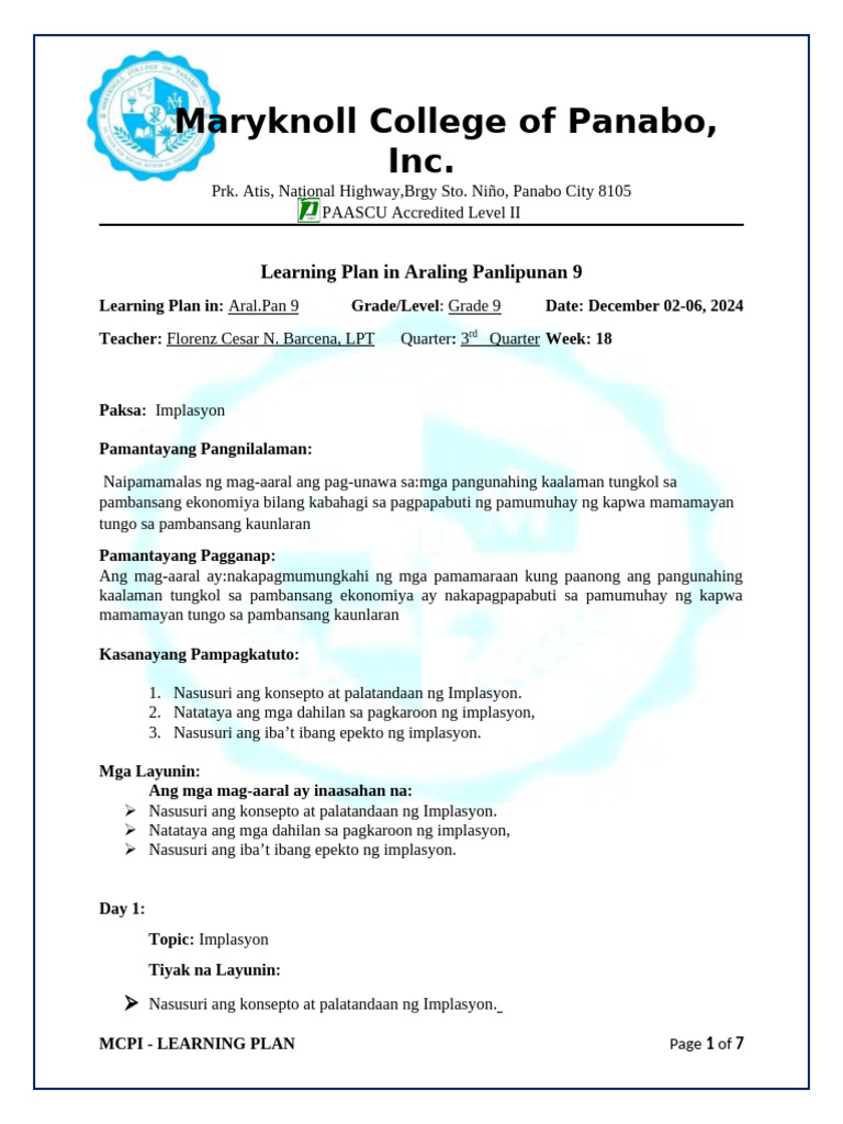 LP. 1 Week 23-24 Implasyon | PDF