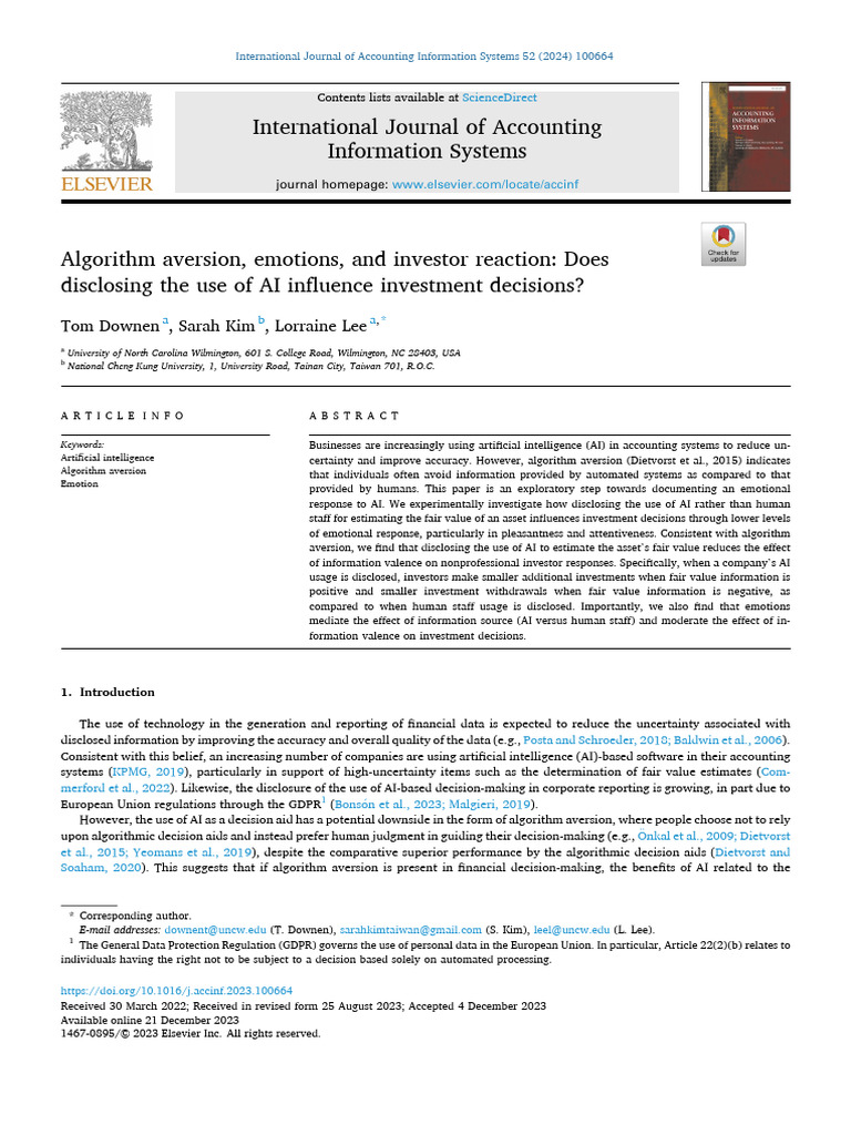 Algorithm Aversion, Emotions, and Investor Reaction: Does Disclosing The Use of AI Influence ...