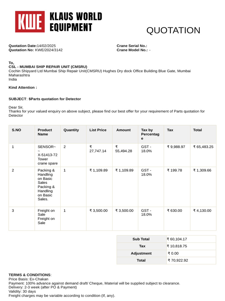 Parts Quotation for Crane Detector | PDF