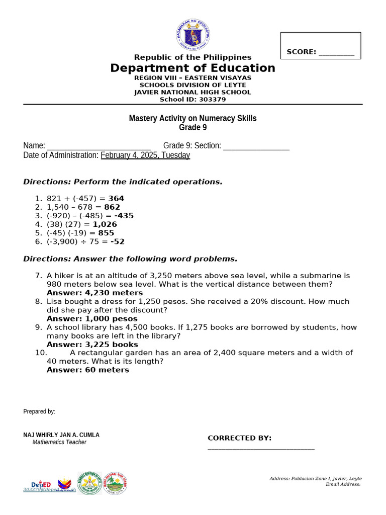 Grade 9 Numeracy Skills Mastery Activity | PDF