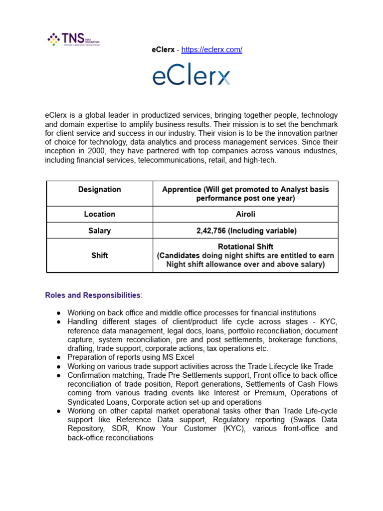 Eclerx - Apprentice JD TNS | PDF | Investment Banking | Financial Services