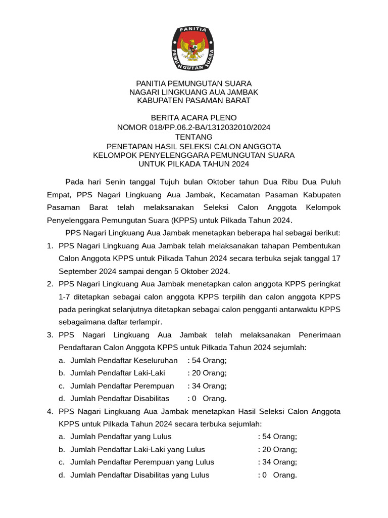 018 Berita Acara PPS Penetapan Hasil Seleksi KPPS Laj | PDF