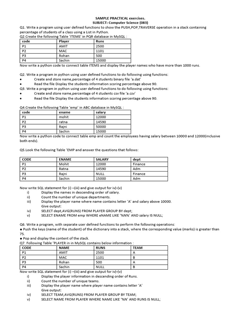 Sample PRACTICAL PAPER Cs | PDF | Sql | Computing