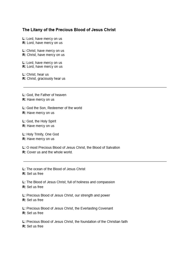 Litany of the Precious Blood of Jesus | PDF | Jesus | Mercy