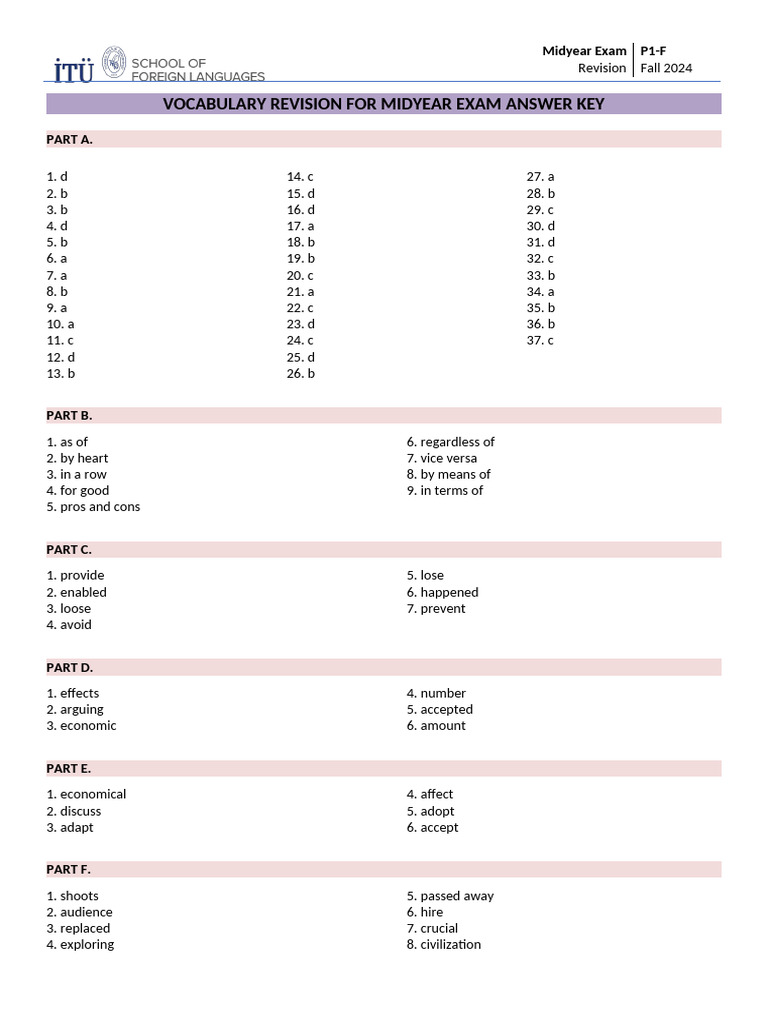 Midyear Exam Vocabulary Answer Key | PDF