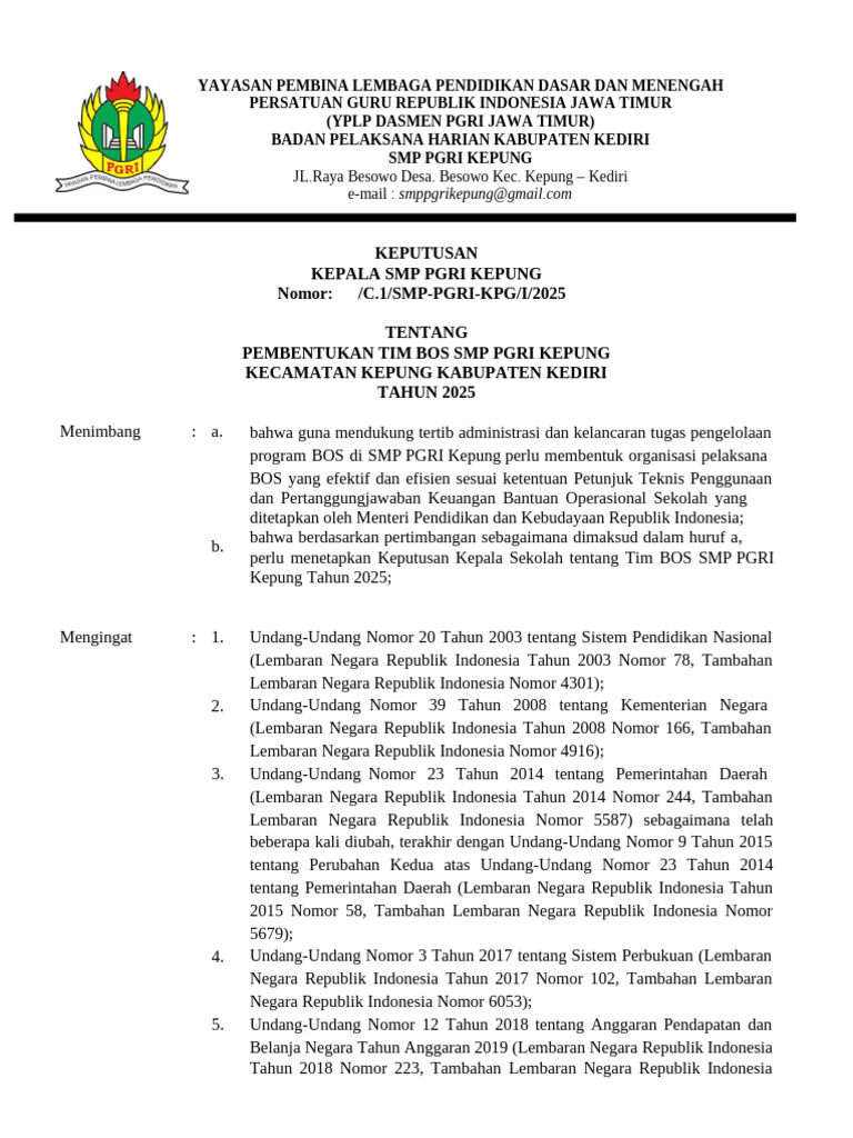 Contoh SK TIM BOS Reguler Tahun 2025 | PDF