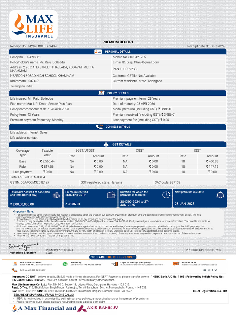 Insurance Policy Receipt | PDF | Insurance | Taxes