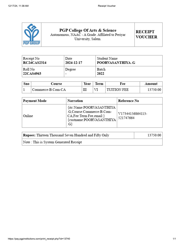 Receipt Voucher - Apoorva | PDF