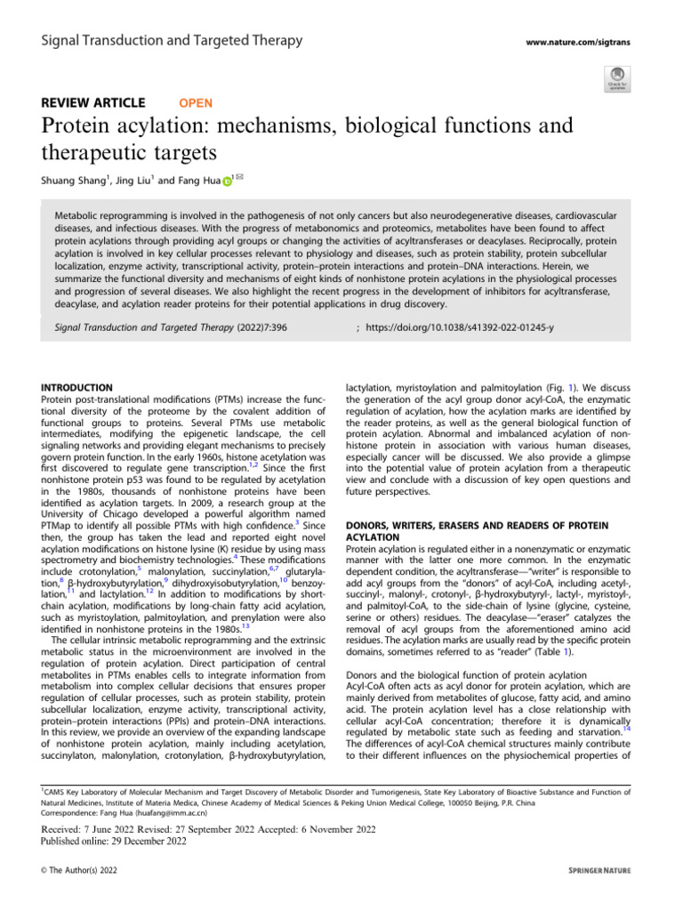 Paper - 2022 - Protein Acylation - Mechanisms-Biological Functions and | PDF | Metabolism ...