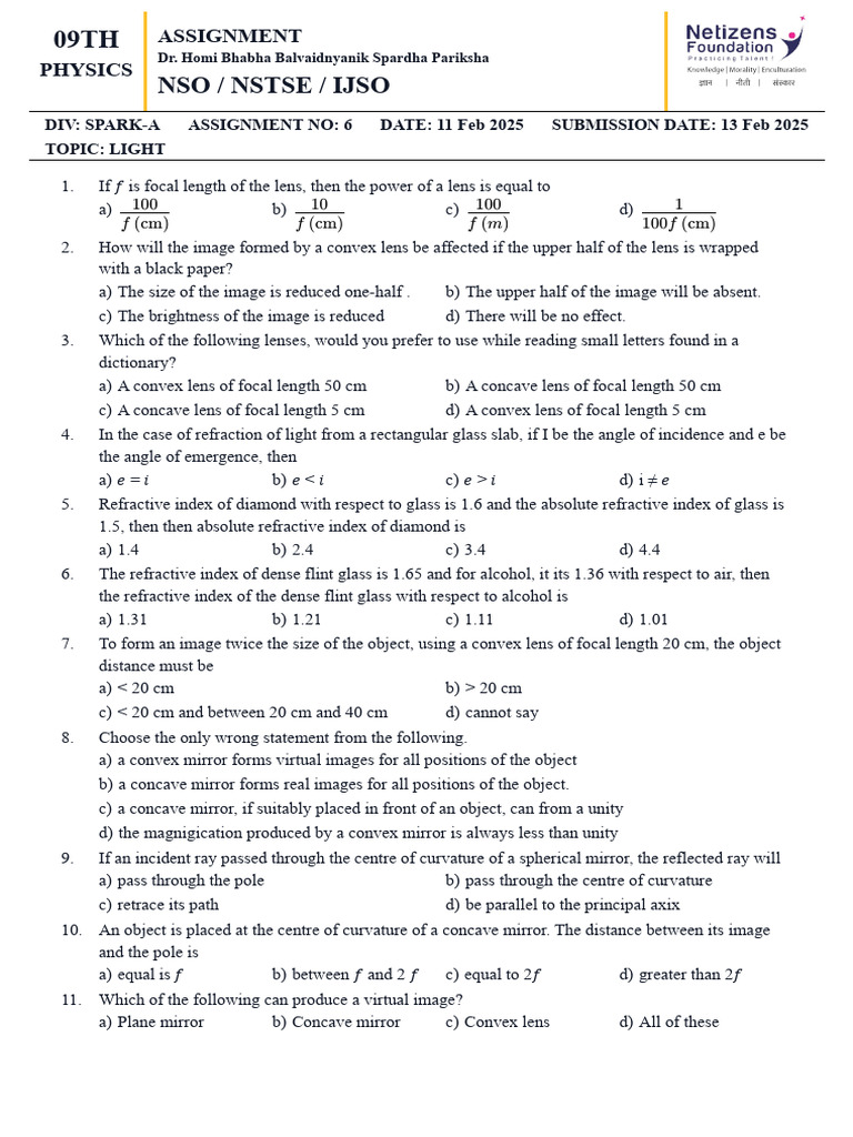 N1 9TH Spark Physics Light Assignment 06 Date 11.02.2025 | PDF | Atomic ...