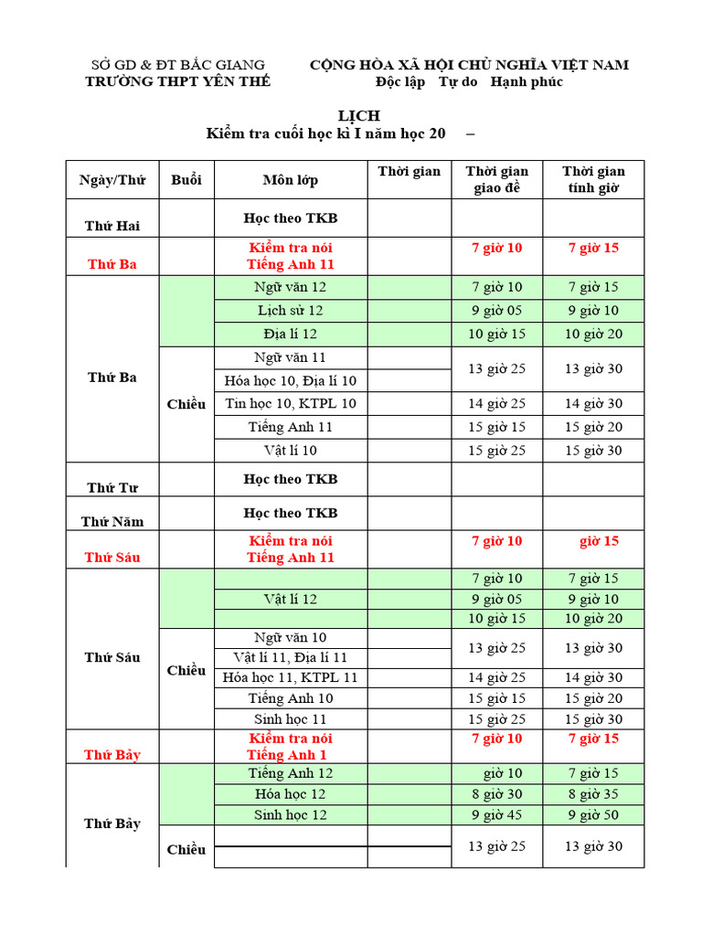 Lich Kiem Tra HK I Năm Học 2024 2025 | PDF