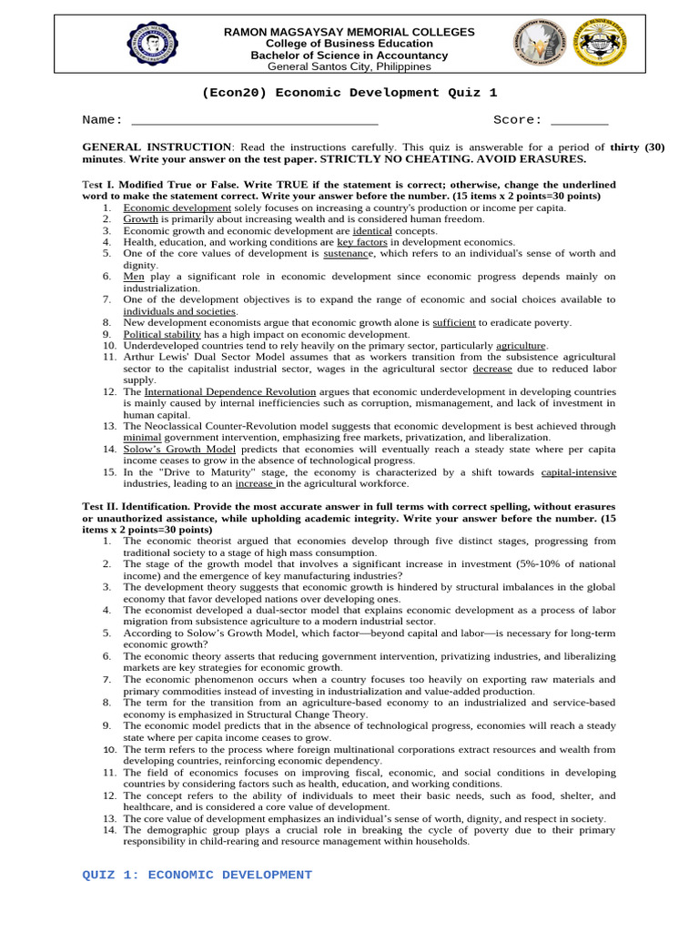 Economic Development Quiz 1 Guide | PDF | Economic Growth | Economics