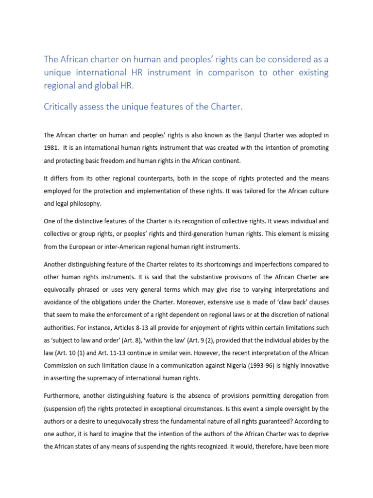 Unique Features of African Charter | PDF | Human Rights | Rights